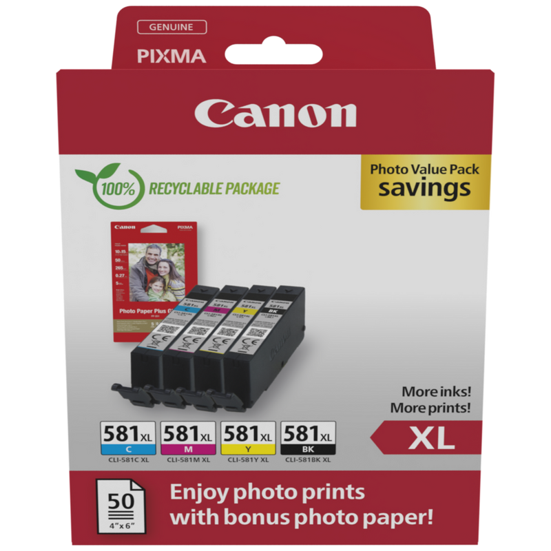Køb Value Pack med Canon CLI-581XL BK/C/M/Y højtydende blækpatron + fotopapir — Canon Danmark-butik